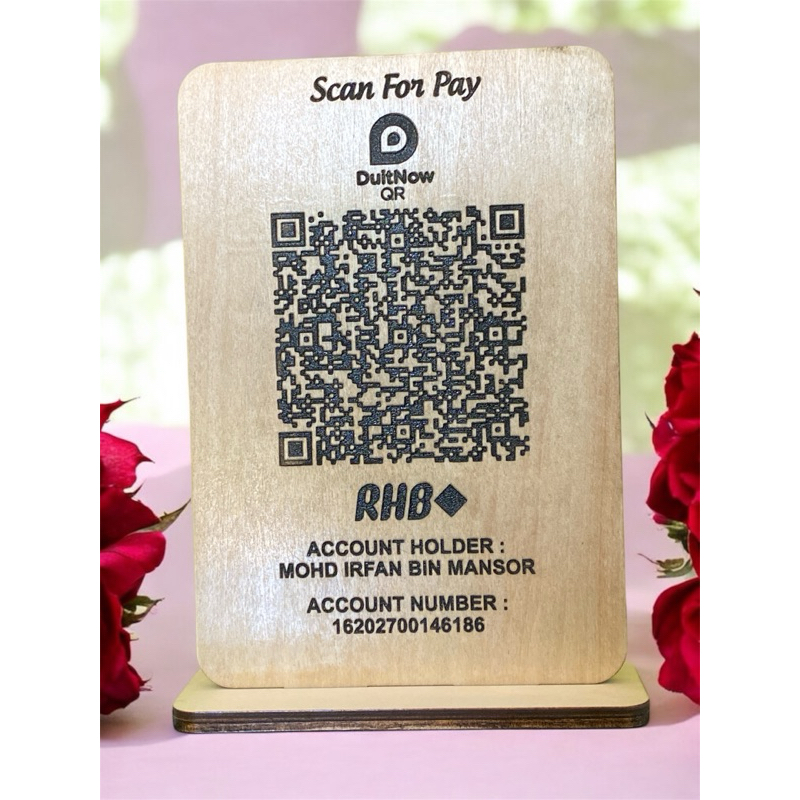 Qr Code Display Stand Wood Kayu High Quality plywood Engrave duitnow ...