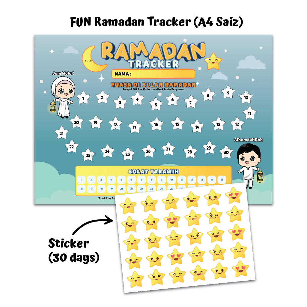 Fun Sticker Ramadan Tracker for kids. puasa/fasting tracker board ...