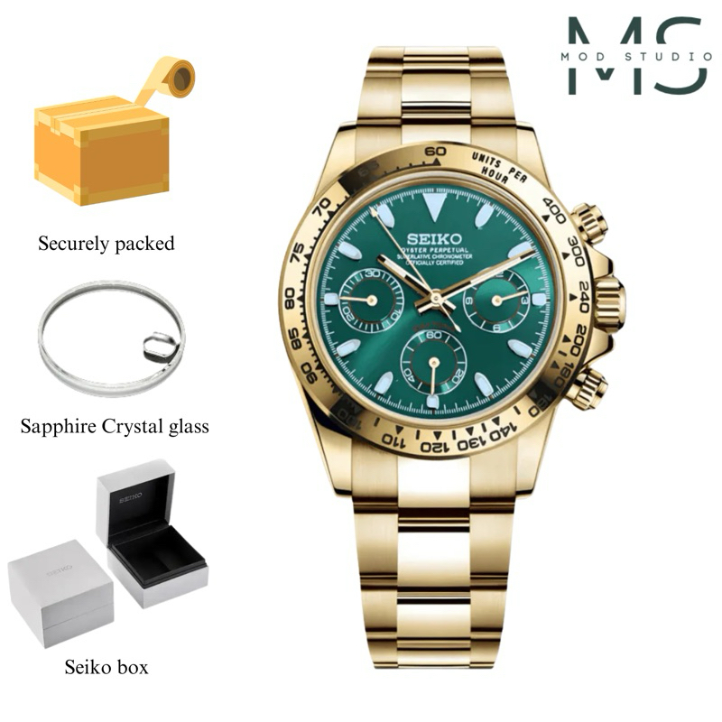 SEIKO MOD VK63 GOLD STAINLESS STEEL GREEN DIAL CHRONOGRAPH DAYTONA MODIFY WATCH MODIFIED WATCH ...