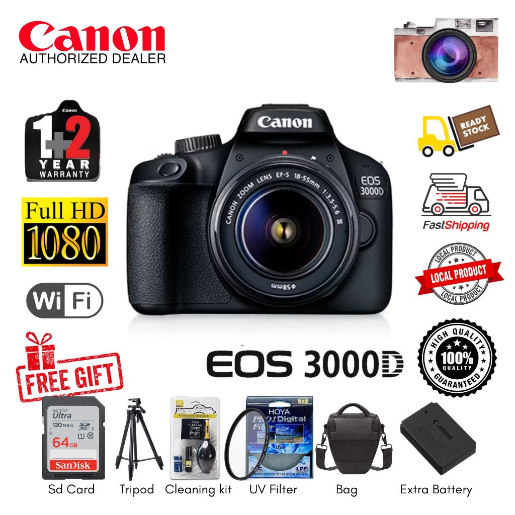 Canon EOS 3000D DSLR Camera with 18-55mm f/3.5-5.6 Zoom Lens ( 3 Years ...