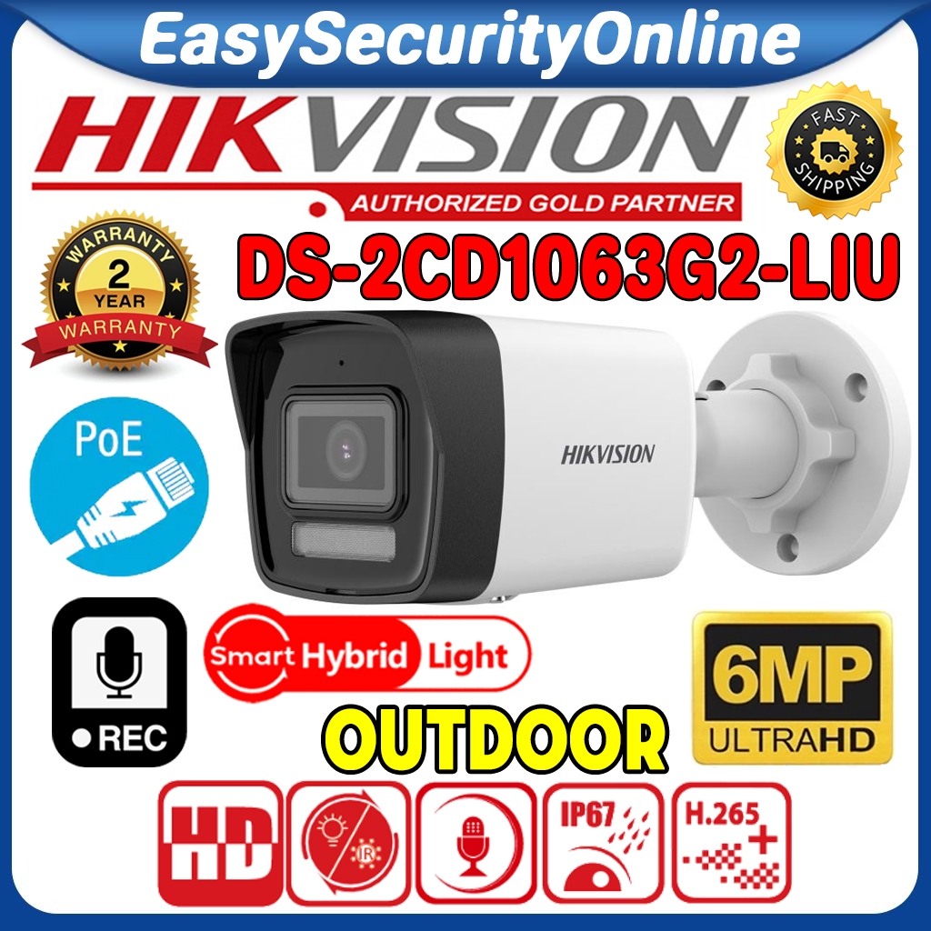HIK HIKVISION DS-2CD1063G2-LIU 6.0MP POE + COLORVU + MIC / AUDIO Smart Hybrid Light 6MP 2048P IP ...
