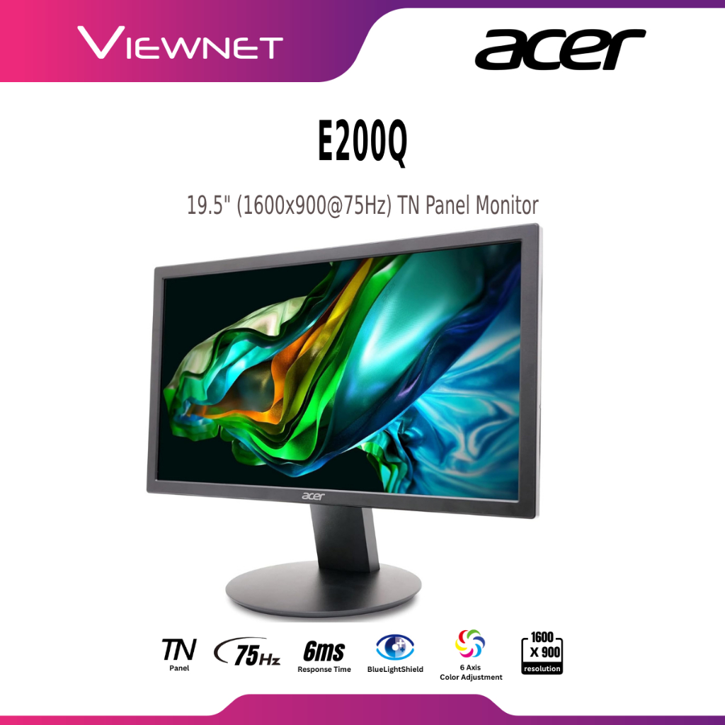 ACER 19.5" E200Q LED (1600x900@75HZ) FLAT TN PANEL LCD MONITOR (6MS, INPUT: VGA+ HDMI, VESA, NO ...