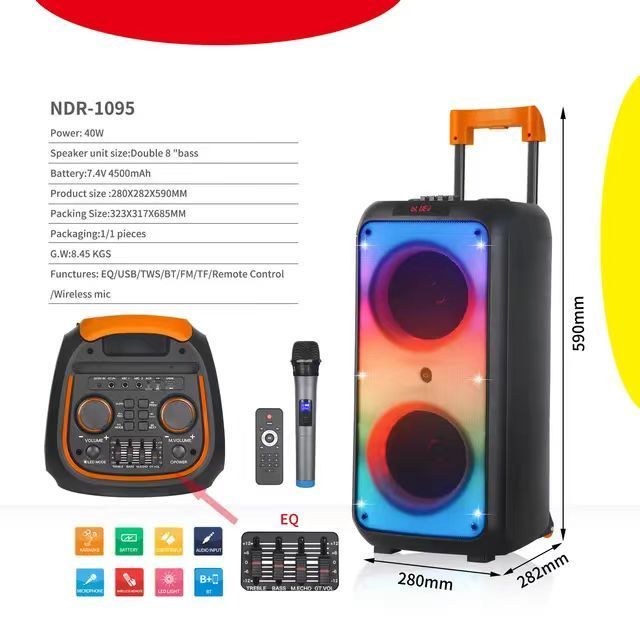 NDR-1095 TWS Wireless Bluetooth V5.3 Portable Trolley Speaker / Super Bass / LED Light / FM ...