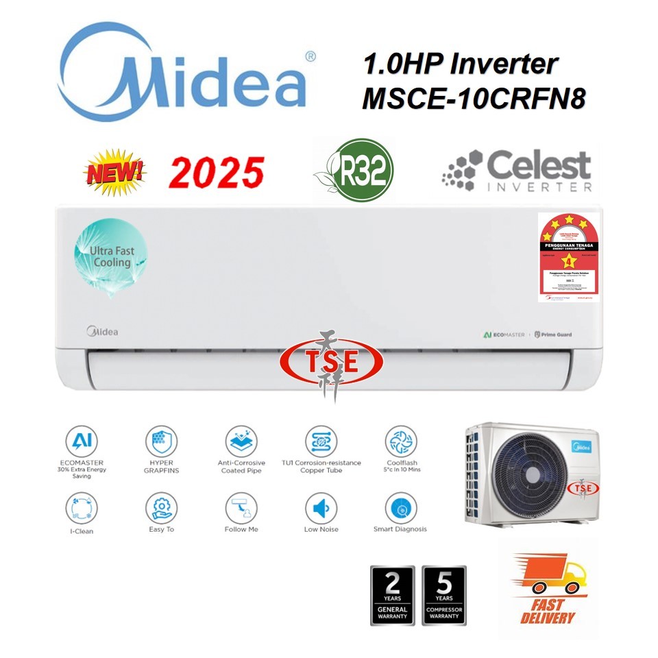 Midea (MSCE-10CRFN8) 1.0HP wall type air cond R32 Gas Inverter (New ...