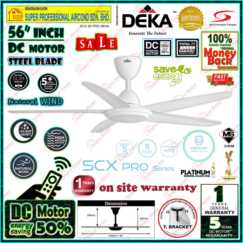Deka Ceiling Fan SCX 56 PRO White ((Steel Metal Blades)) DC Motor 56 ...