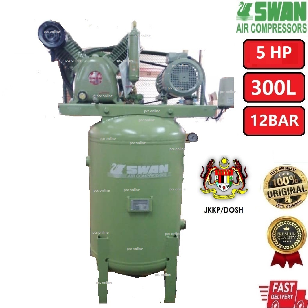 Swan HVP-205V Air Compressor High Pressure 5HP 300L 12Bar (Three Phase ...