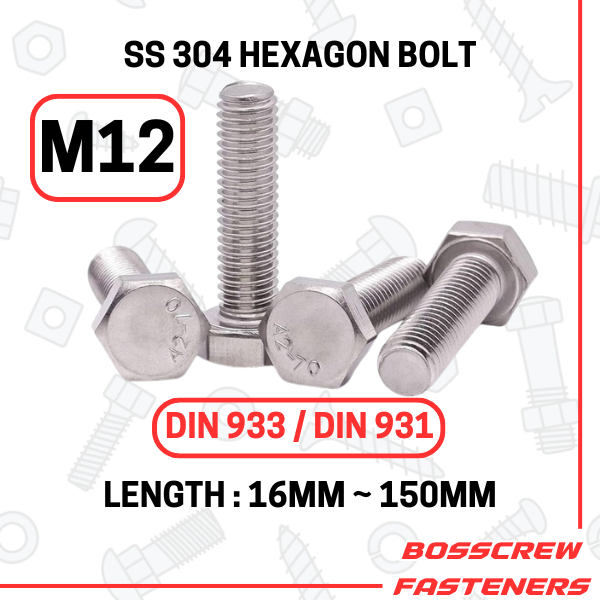 SS 304 Hexagon Bolt m12 x (16mm ~ 150mm) (Pitch 1.75mm) (Coarse Thread ...