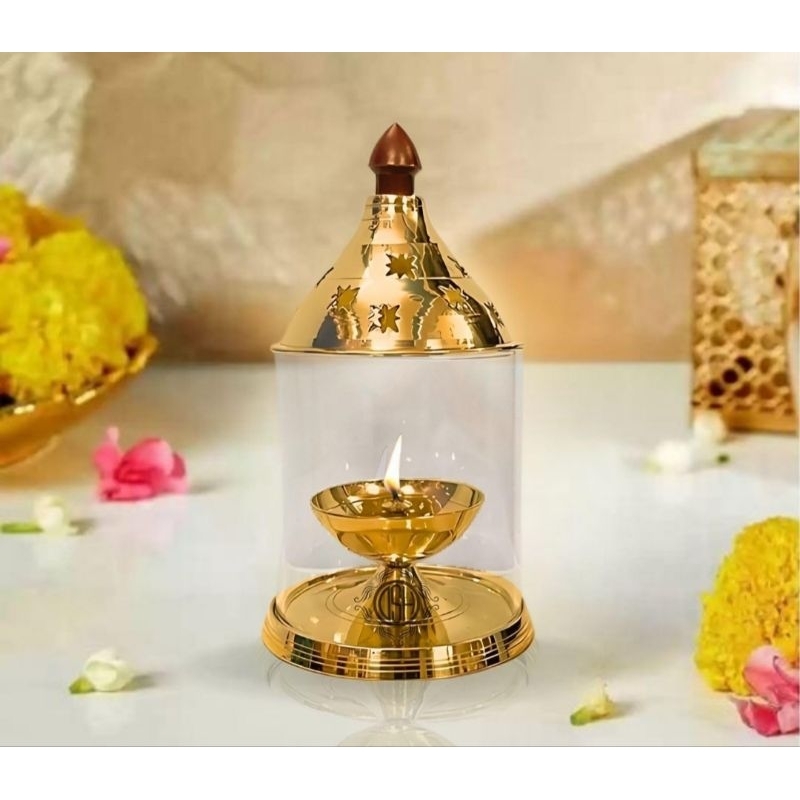 Brass Akhand Diya Decorative Brass Glass Oil Lamp and Tea Light Holder ...