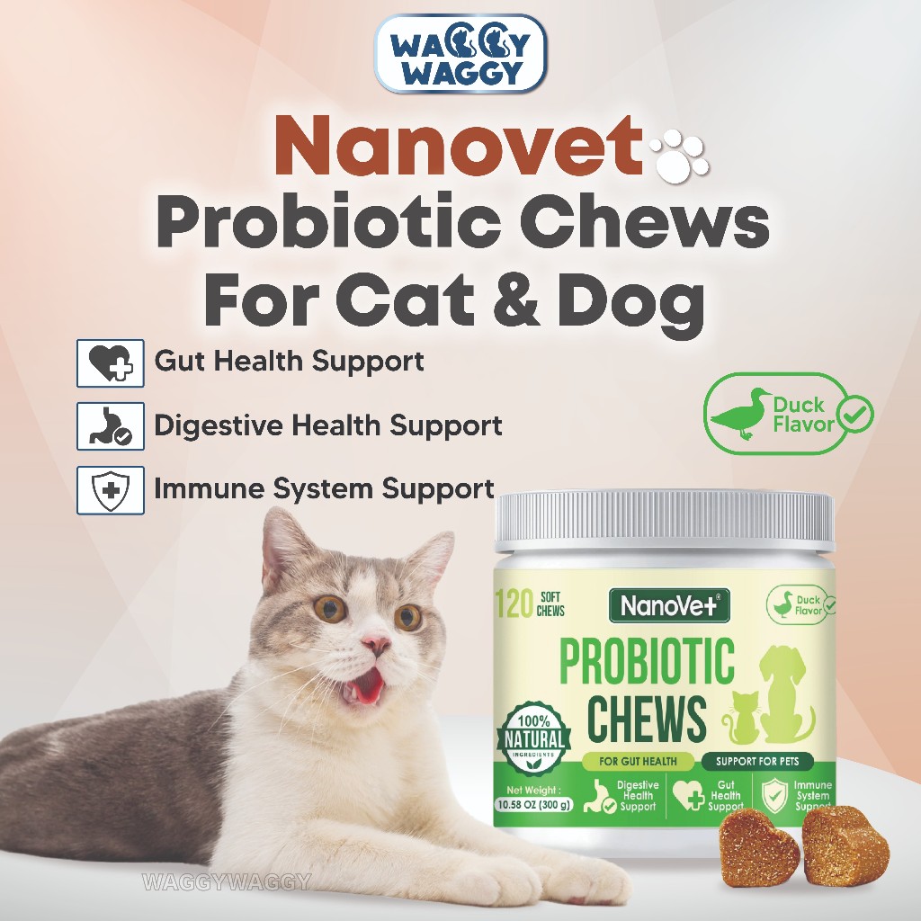 WaggyWaggy Nanovet Pet Probiotic Chews 120 Soft Chews Cat Dog Digestive ...