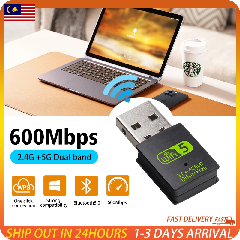 600Mbps WiFi Bluetooth 5.0 Adapter Dongle Dual Band 2.4G&5GHz USB PC ...
