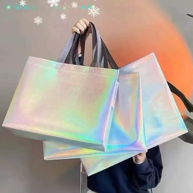 Colorful laser heat pressed non-woven bag clothing store gift shopping ...