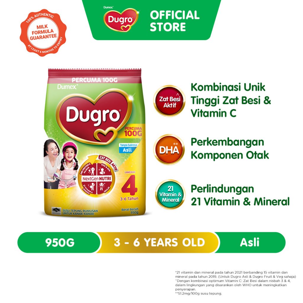 Dumex Dugro Step 4 Original/Asli Growing Up Formula 3-6 Years (950g ...