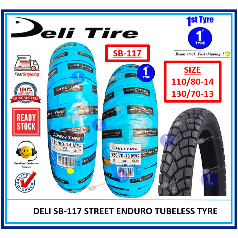 DELI MOTORCYCLE TYRE SB-117 110/80-14, 130/70-13 TUBELESS STREET ENDURO ...