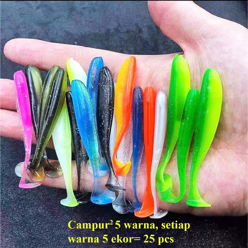 25pcs T-Tail 6.5cm Soft Plastic Lure Set 5 Color Paddletail Umpan ...