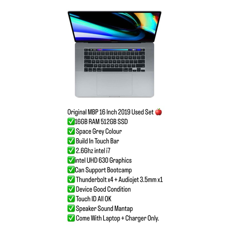 ORIGINAL MBP 16 INCH 2019 i7 16/512gb With Touch Bar Used Set (A2141 ...