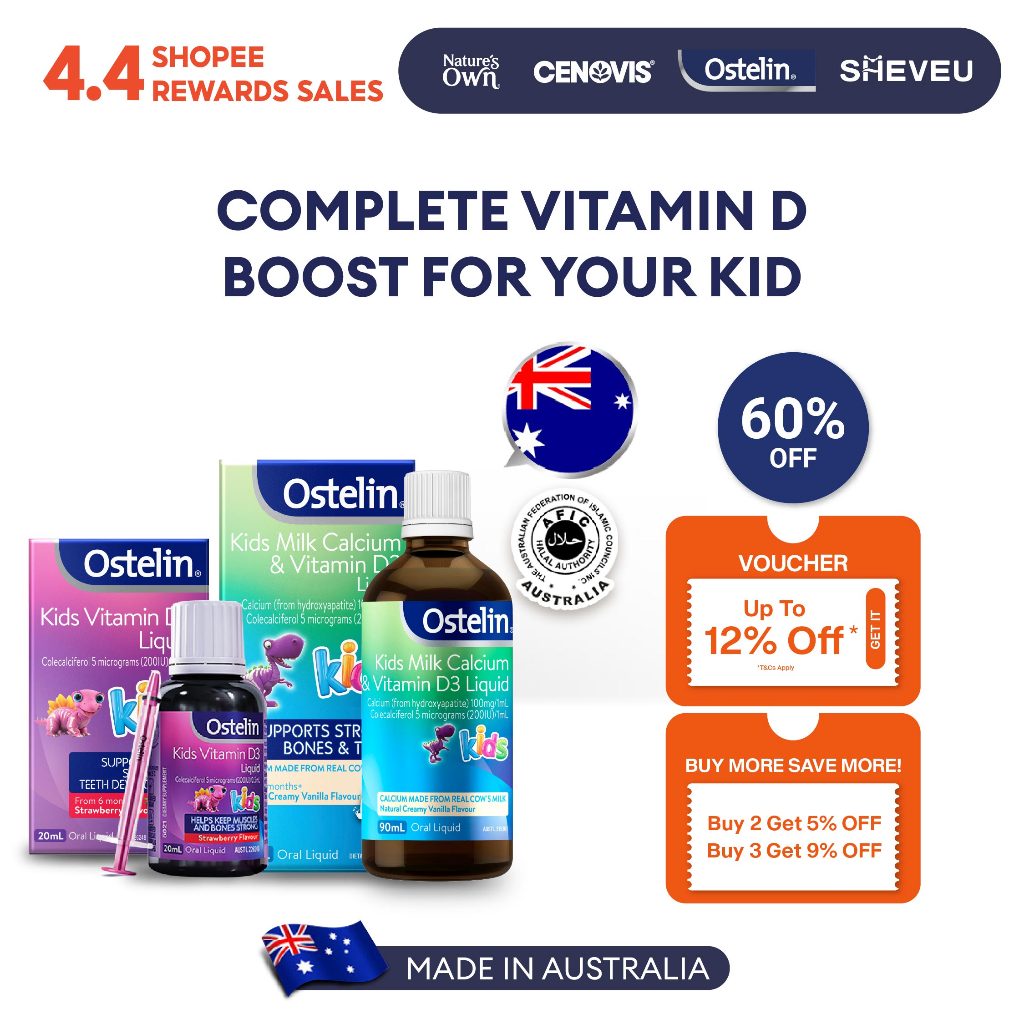 Ostelin Kids Vitamin D3 Liquid 200IU (20ml) + Ostelin Kids Milk Calcium ...
