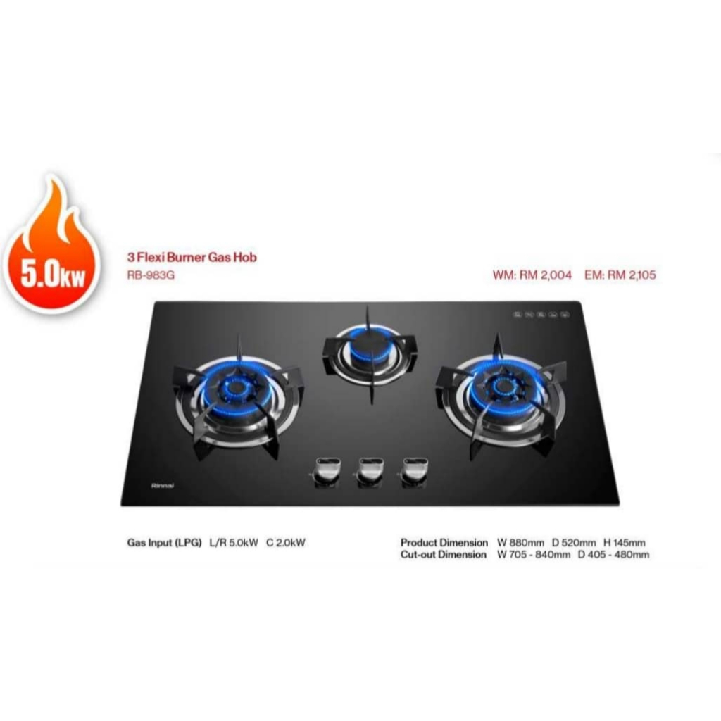 RINNAI RB-983G 2-Burner Flexi Hob Built-in Gas Hob (Glass) | Shopee Malaysia