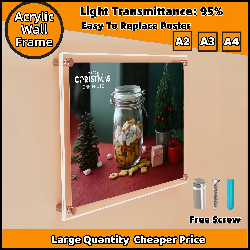 A4 A3 A2 Transparent Acrylic Wall Display Board double-layer Frameless ...