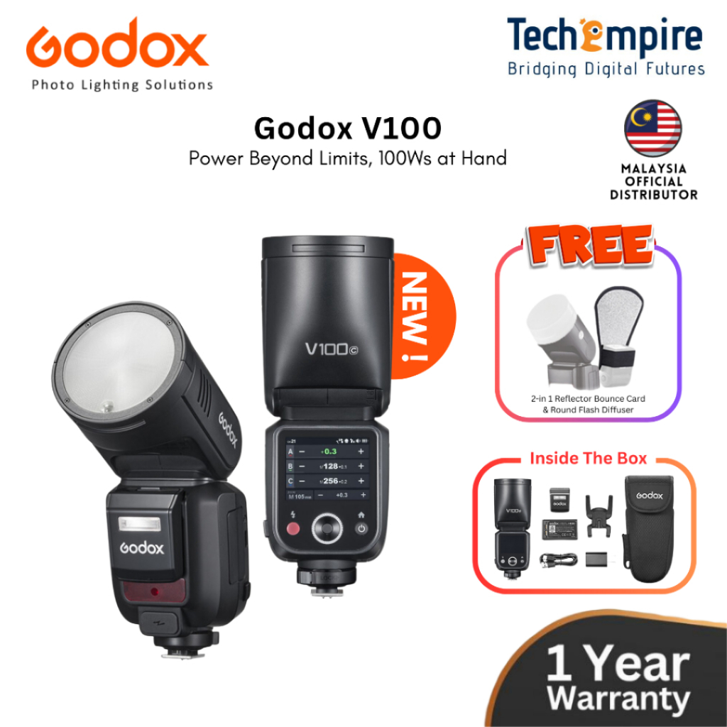Godox V100 TTL Li-ion Round Head Camera Flash 100Ws fast rechargeable ...