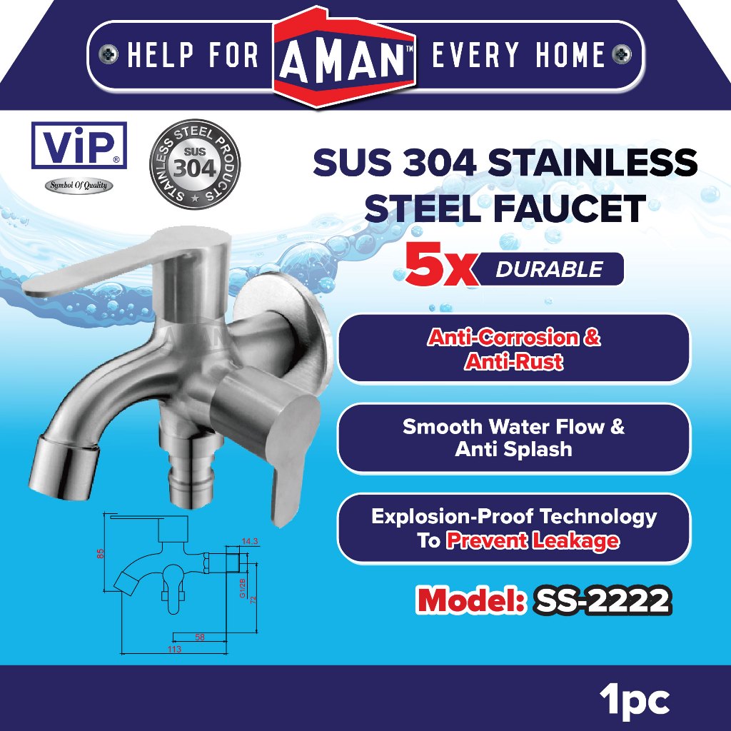 VIP SUS-304 Stainless Steel 2-Way Bibtap With Nozzle Wall Tap Water Tap ...