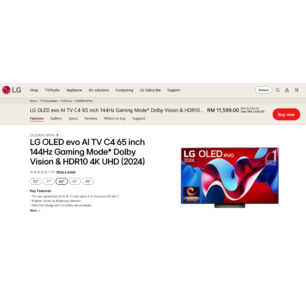 LG OLED65C4PSA OLED evo AI TV C4 65 inch 144Hz Gaming Mode* Dolby Vision & HDR10 4K UHD (2024 ...