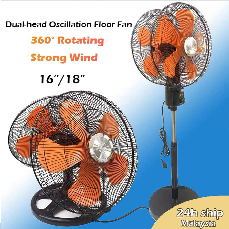 16" Strong Wind Oscillating Stand Fan Dual Head Industrial kipas Lantai ...