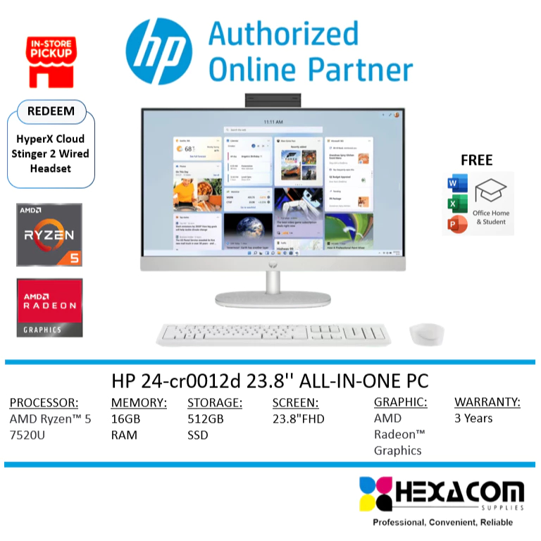 HP 24-CR0012d 23.8'' All-In-One Desktop PC-White (AMD Ryzen5-7500u/16gb ...