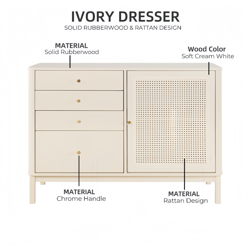 HS FURNITURE | IVORY DRESSER | SOLIDWOOD | RATTAN DESIGN | CREAM WHITE ...