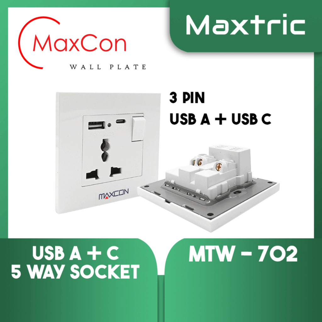 Maxcon USB A Type C 3 Pin Wall Socket 13A Universal Socket USB A USB C Face Plate = MTW-702 ...