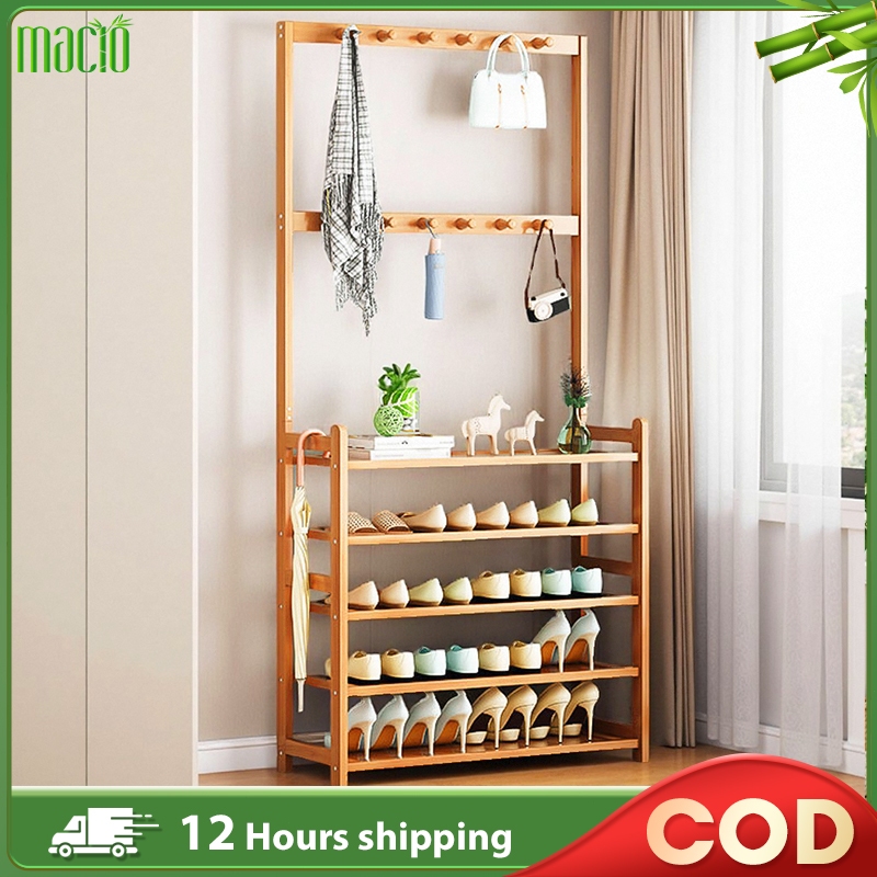 【In Stock】Bamboo Shoe Rack Kasut kayu 4/5 Layers With Hooks Over ...