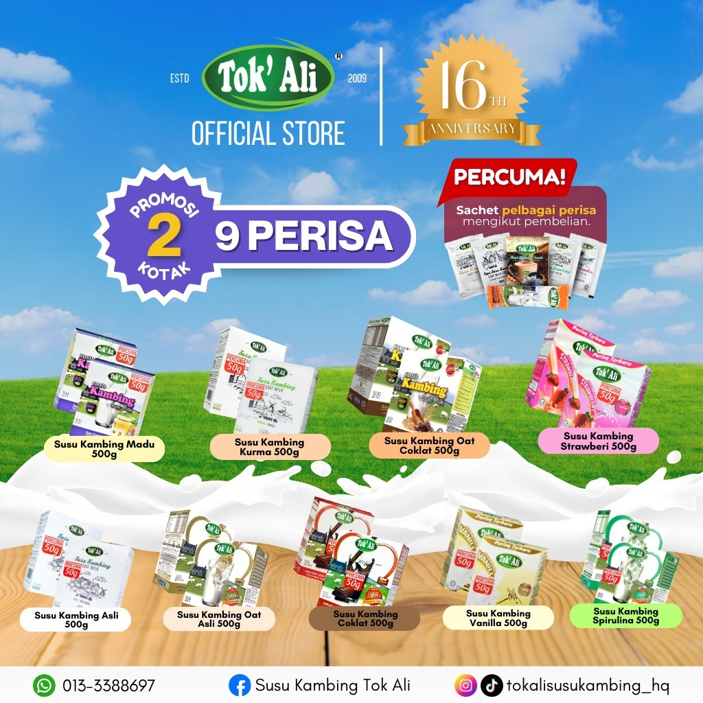 TOK' ALI SUSU KAMBING (ASLI, KURMA, COKLAT, STRAWBERI, VANILA, OAT ASLI, OAT COKLAT, MADU ...