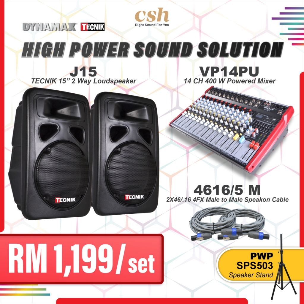 DYNAMAX Sound System VP14PU 14-Channel 400W Power Mixer, TECNIK J15 15 ...