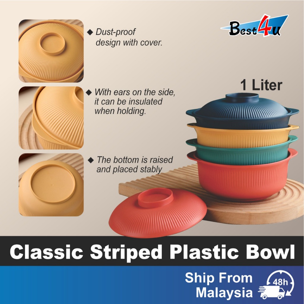 BEST4U 1L Classic Striped Plastic Bowl with Lid Cover - Microwave Safe ...