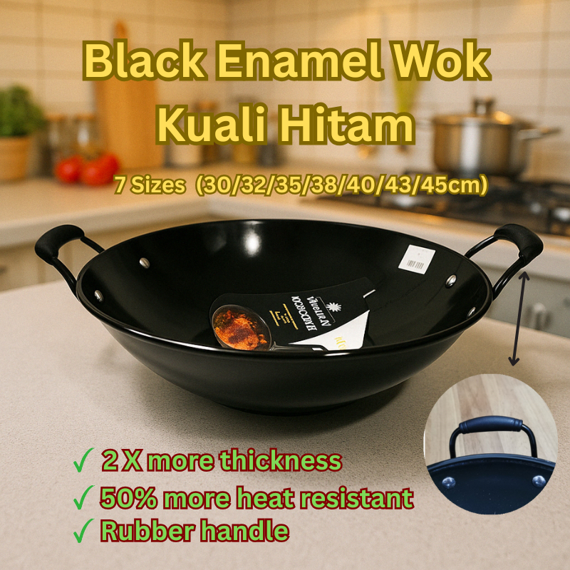 Kuali Besi Hitam/Double Handle Iron Black Enamel Wok/Stir-Fry Wok ...