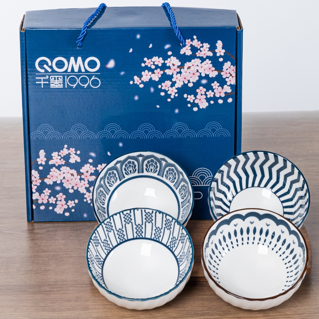 QOMO Japanese Ceramic Bowl Set with Gift Box 4pcs 4.5'' Seramik Mangkuk ...