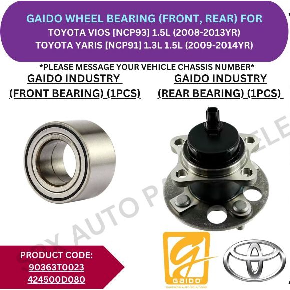GAIDO GENUINE WHEEL HUB BEARING (FRONT, REAR) (W/ABS) FOR TOYOTA VIOS ...