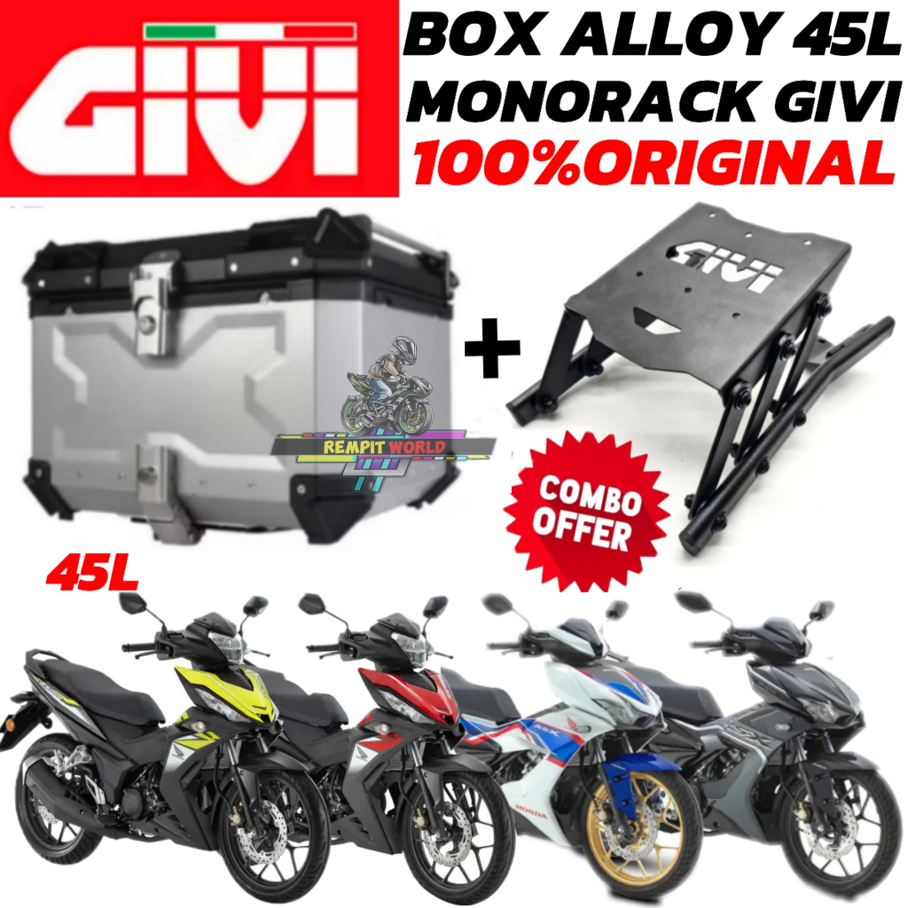 COMBO SET BOX ALLUMINIIUM 45L + MONORACK LIPAT GIVI RS150/RSX 100 ...
