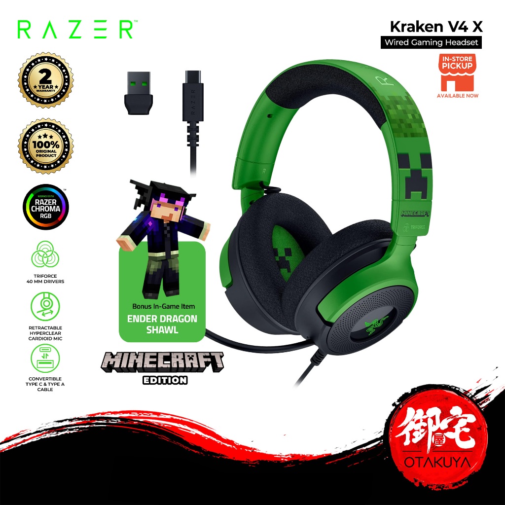 【9.9 SALE】RAZER Kraken V4 X Wired USB Gaming Headset Minecraft Edition ...