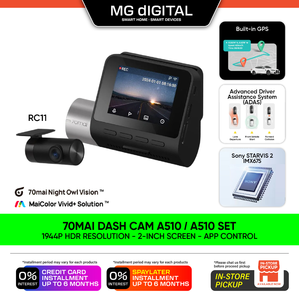 [ SERVIS PASANG] 70mai A510 Dash Cam Dual Vision Car Recorder (Front + Rear) with GPS ADAS 1944p ...