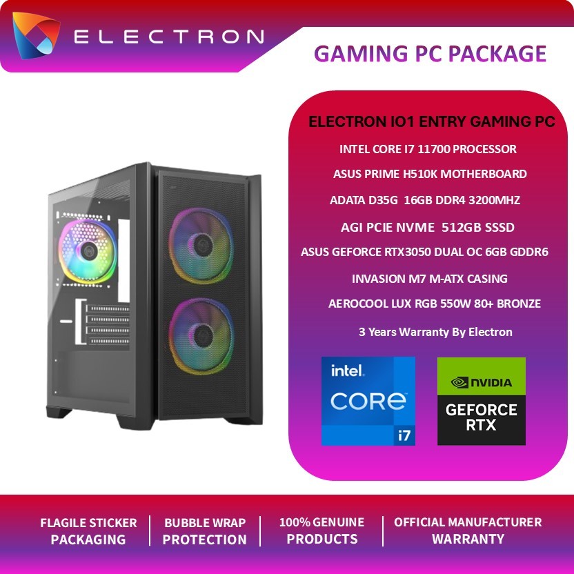 ELECTRON IO1 DIY GAMING PC PACKAGE ( INTEL CORE I7-11700,16GB,512GBSSD,NVIDIA RTX3050 ,W11P ...