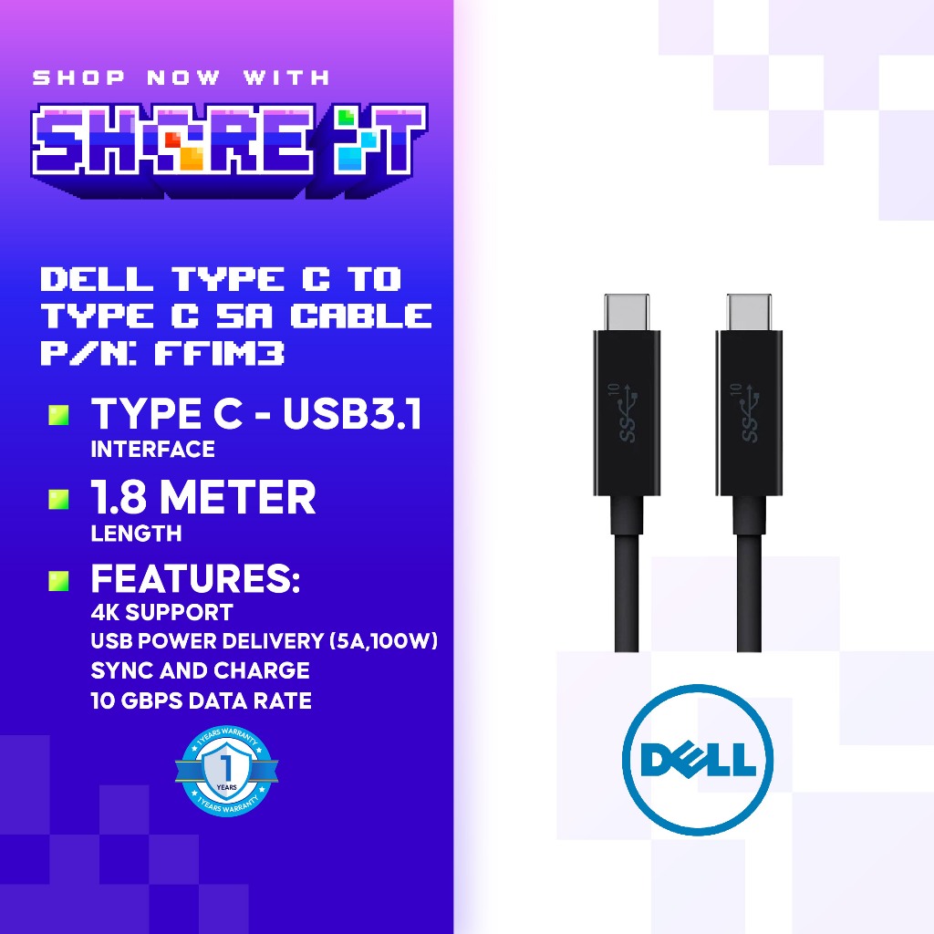 Dell Type C to Type C 5A Cable - P/N : FF1M3 for pc laptop phone | 100 ...