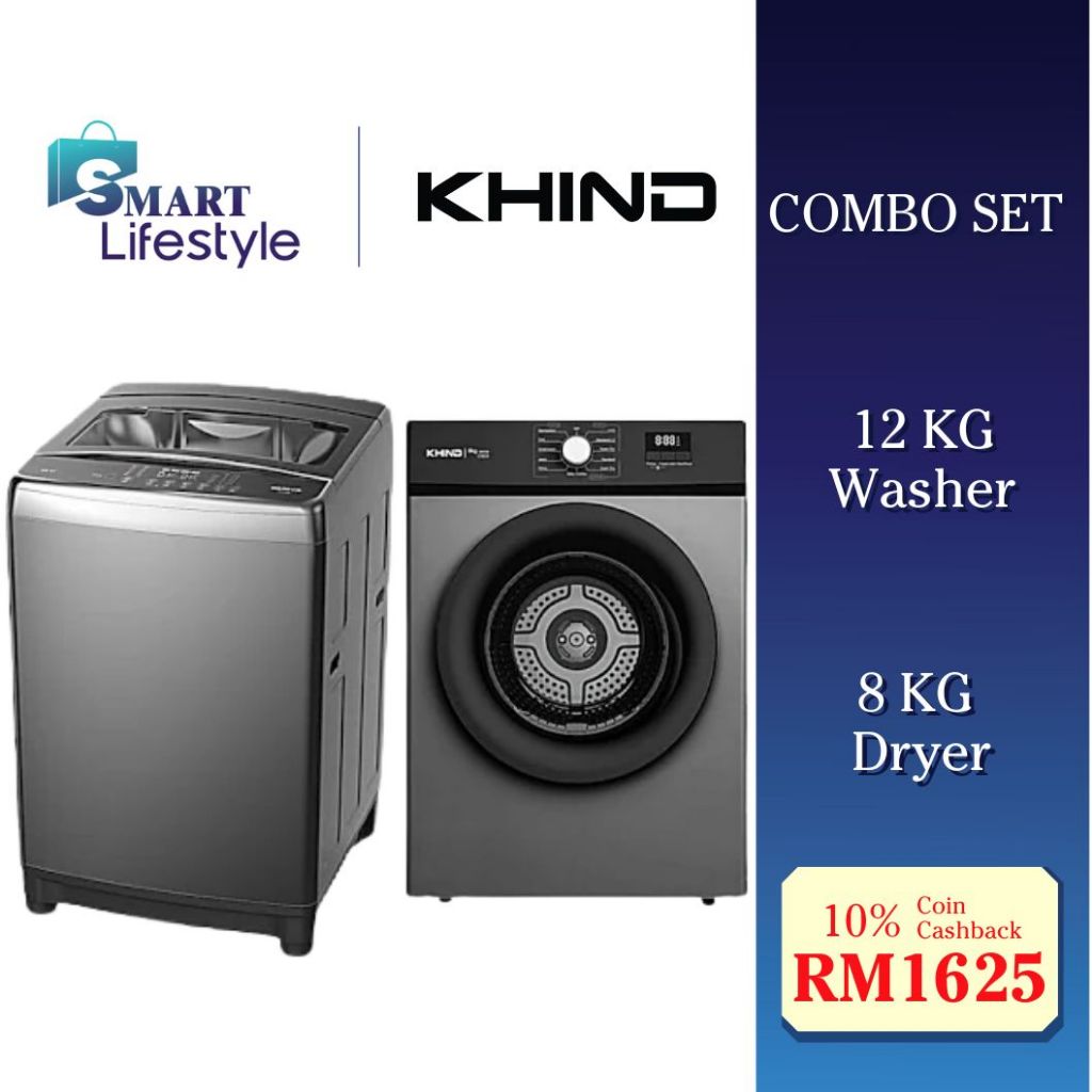 [COMBO SET] KHIND 12KG WASHING MACHINE WM120A + 8KG TUMBLE DRYER CD819 ...