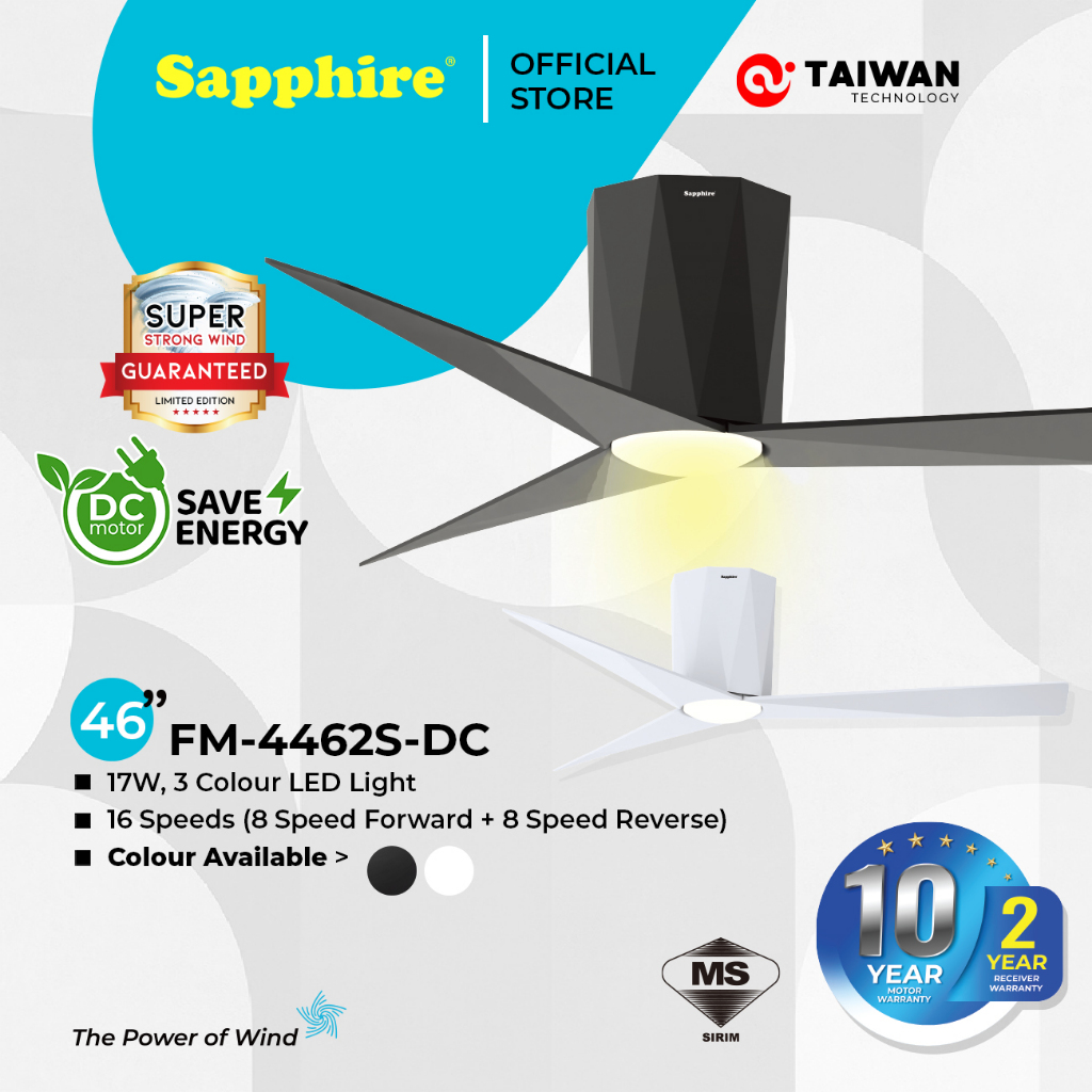 Sapphire 46” Ceiling Fan | FM4462S-DC | DC Motor | 16 Speeds | 3 ABS ...