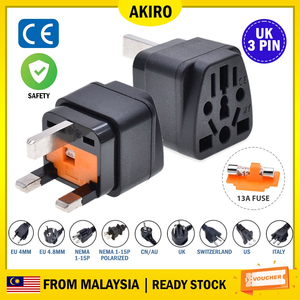 AKIRO Universal 3 Pin Plug With Fuse 13A Multi Pin To Malaysia 3 Pin UK ...