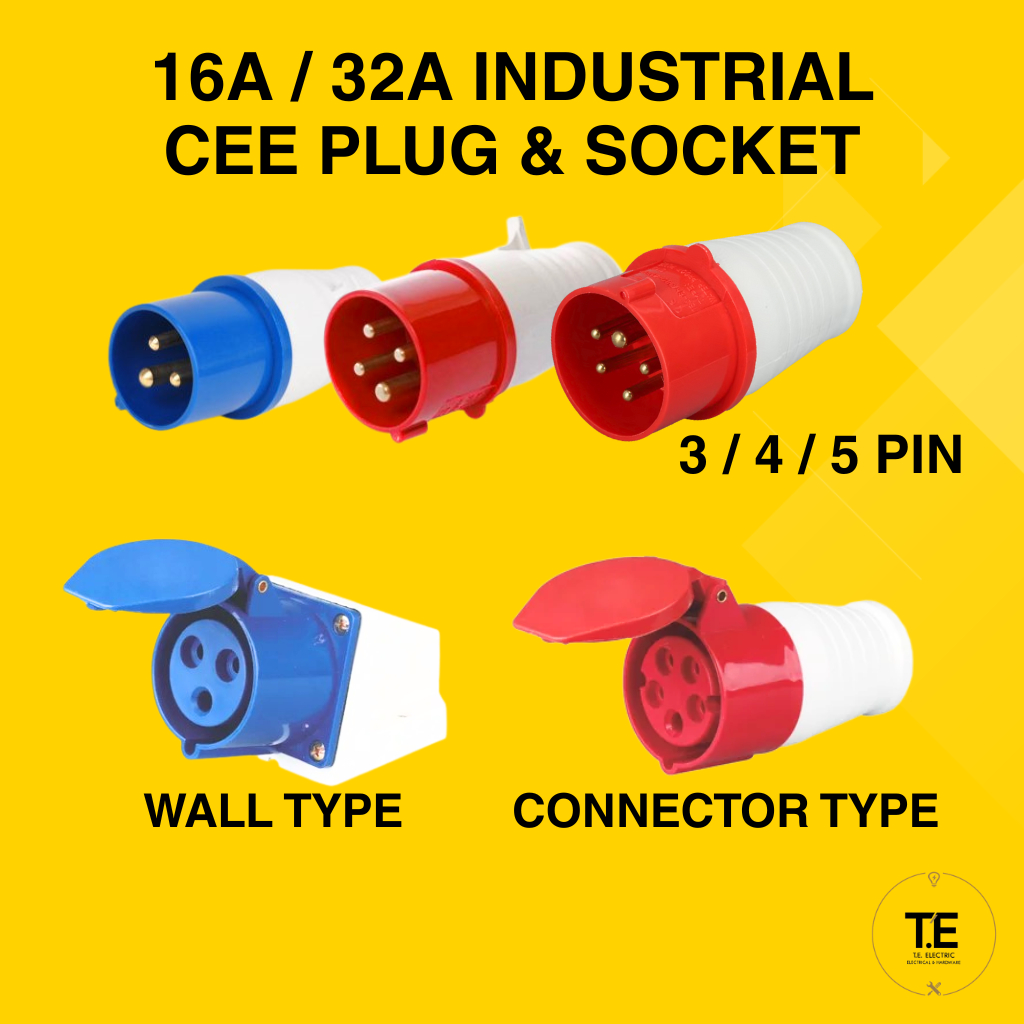 CEE INDUSTRIAL PLUG WALL SOCKET CONNECTOR SOCKET 16A 32A 3 PIN 4 PIN 5 PIN BLUE/RED SINGLE PHASE ...