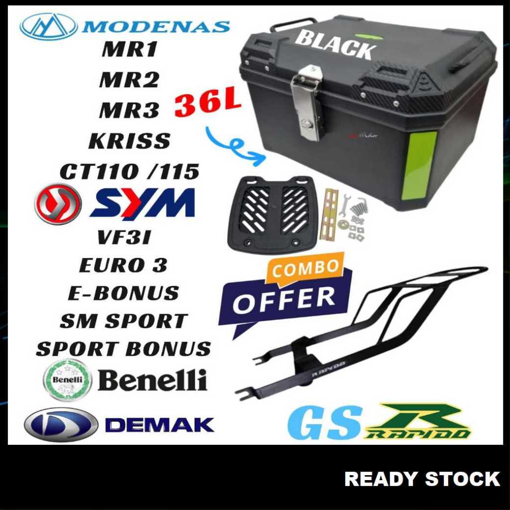 (SYM BENELLI MODENAS) GS 36L Kotak Hitam Top Box+RAPIDO Monorack 1 Set ...