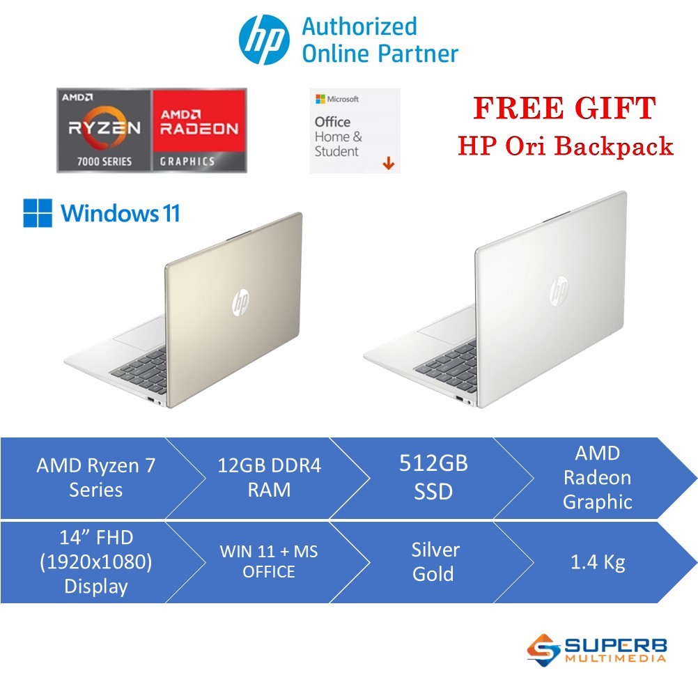 HP Laptop 14-em0225AU Gold, 14-em0226AU Silver (AMD R7 7730U, 12gb ram ...