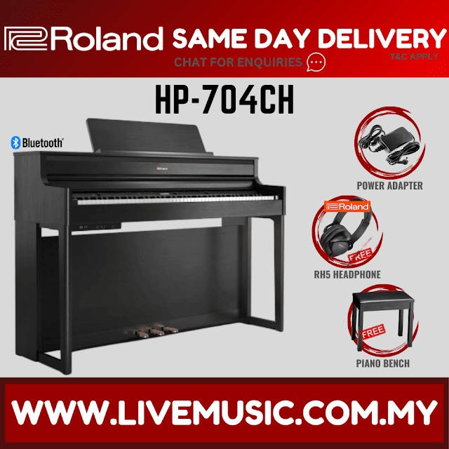Roland HP704 88-keys Digital Piano with Bench, Stand, RH-5 Headphones, 3 Pedal, Note Stand and ...