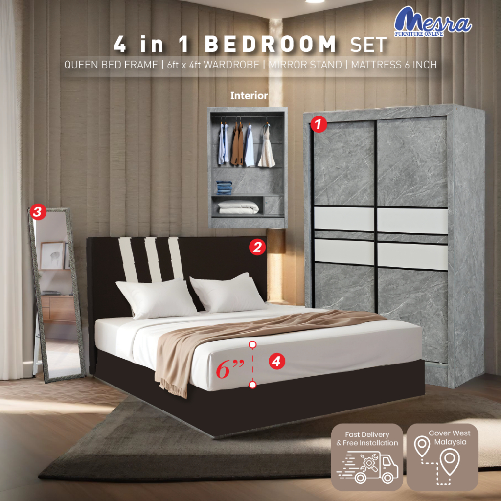 MESRA - Bedroom Set Sliding door /Set Bilik Tidur/Almari Baju/Katil ...