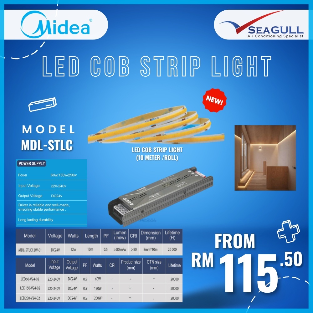 MIDEA LED COB STRIP LIGHT 10Meter & DC24V DRIVER (2 YEARS WARRANTY ...